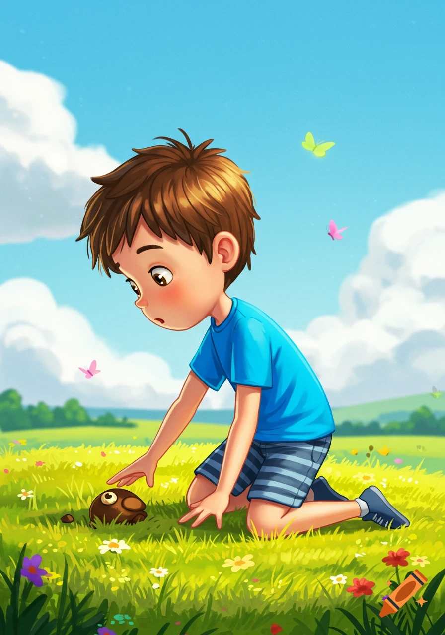 Joyful illustration of a child on a giant flower with flying fairies ...