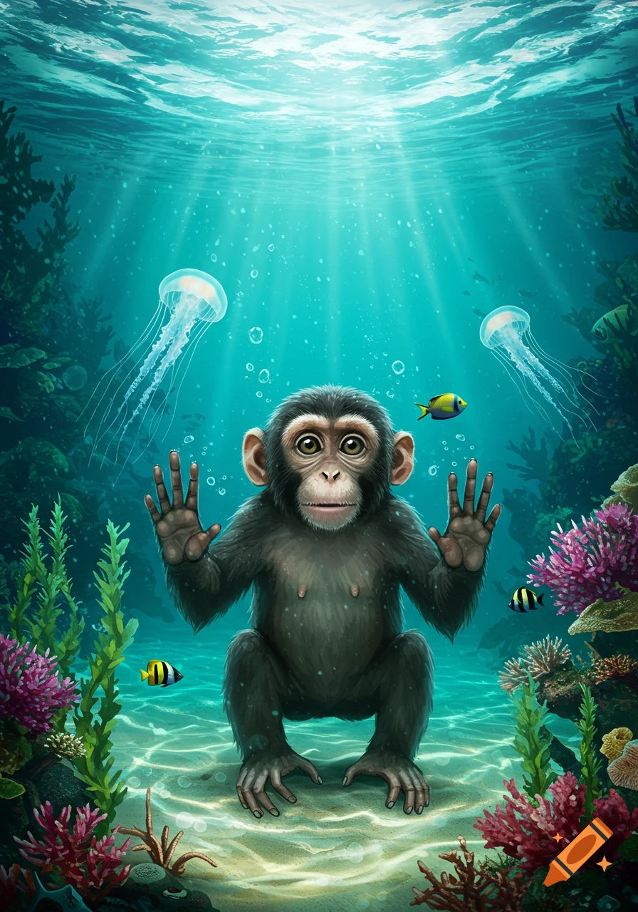 A stylized cartoon monkey sits underwater, pressing its hands against ...