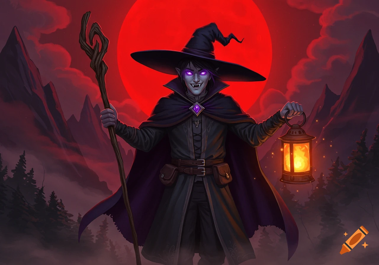 A cloaked wizard with white hair, a dark expression, and jagged hands ...