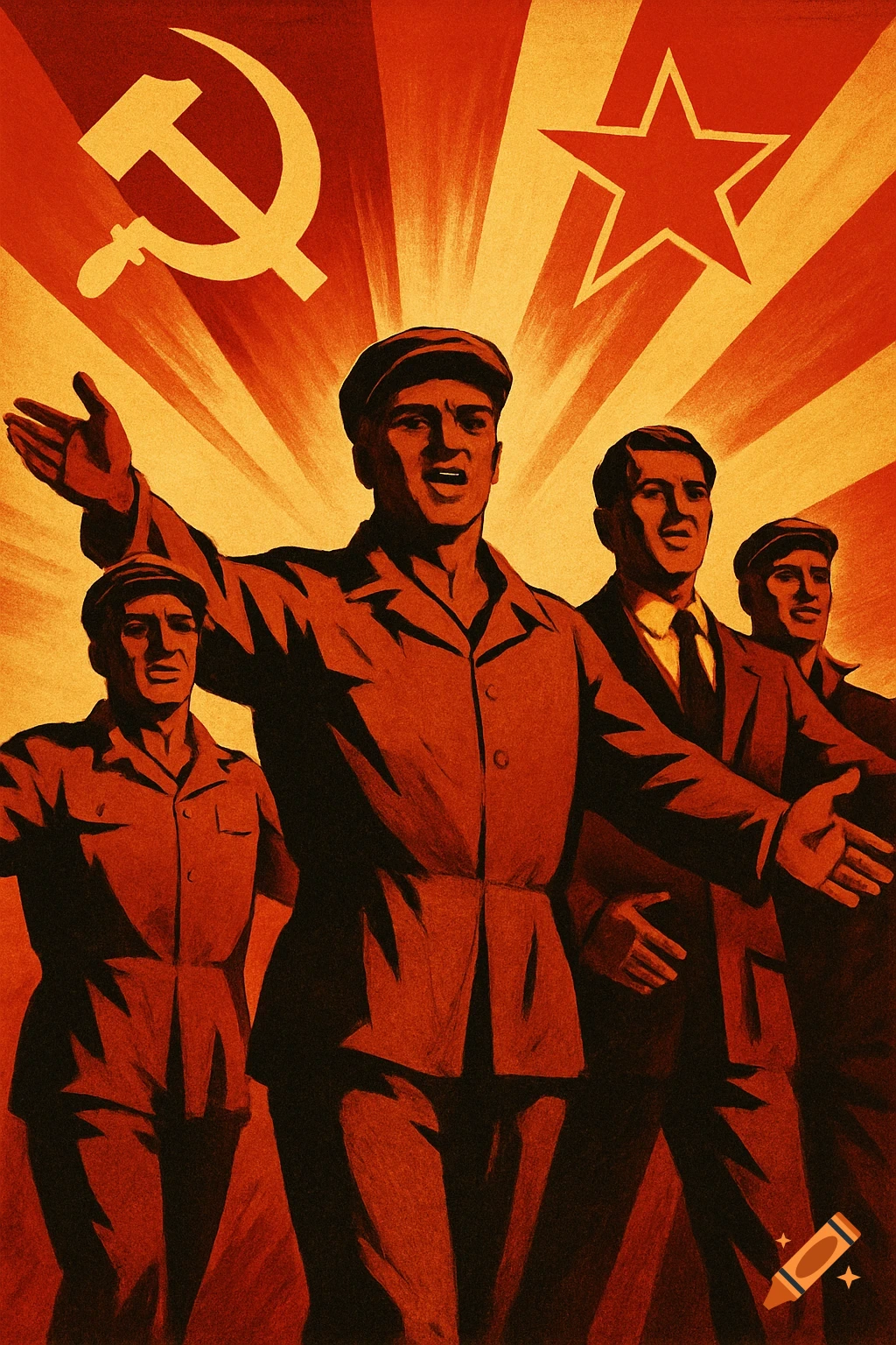 Red and orange Soviet propaganda poster with men in uniform gesturing ...