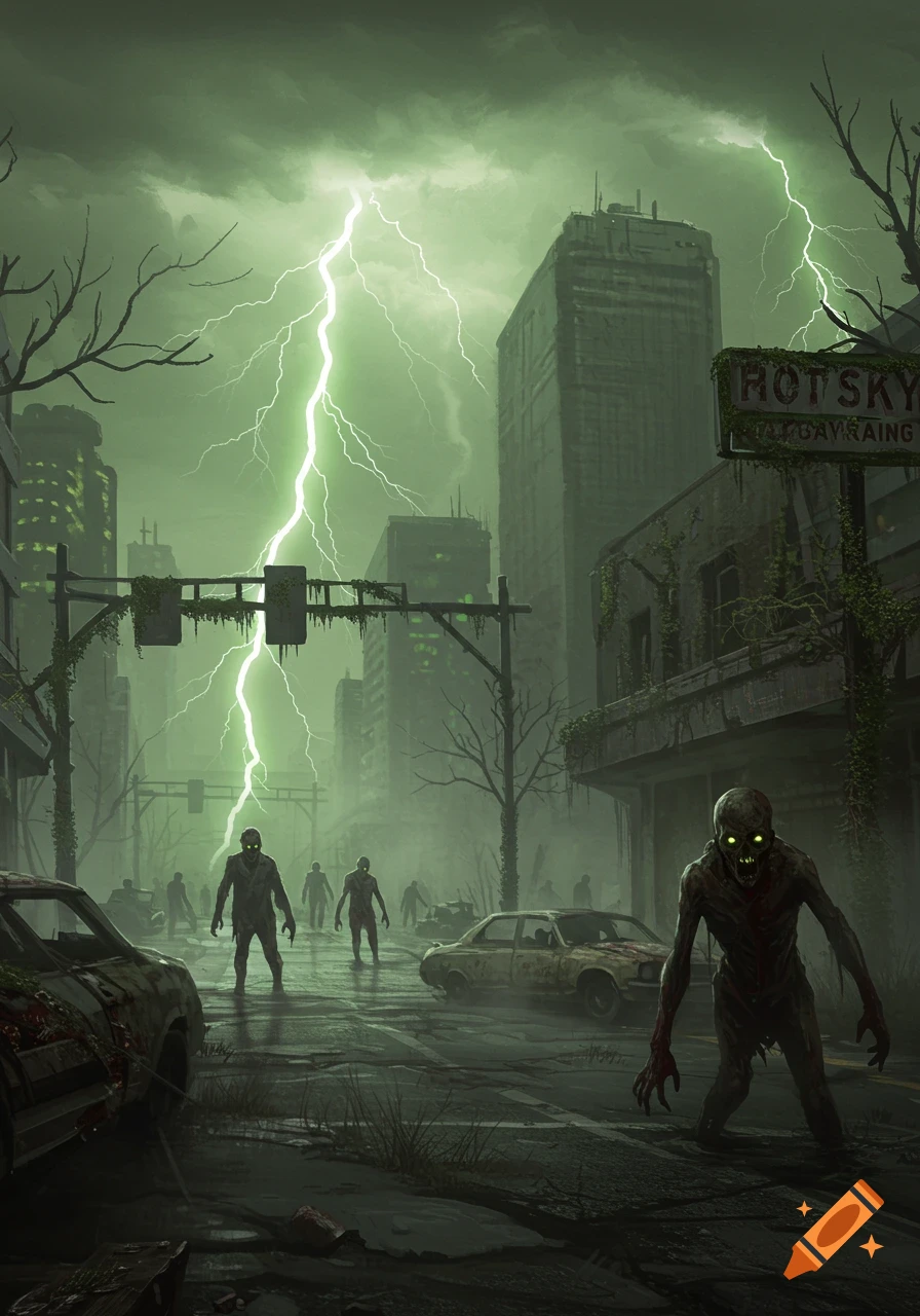 A dark, green-lit post-apocalyptic city scene with ruined buildings ...