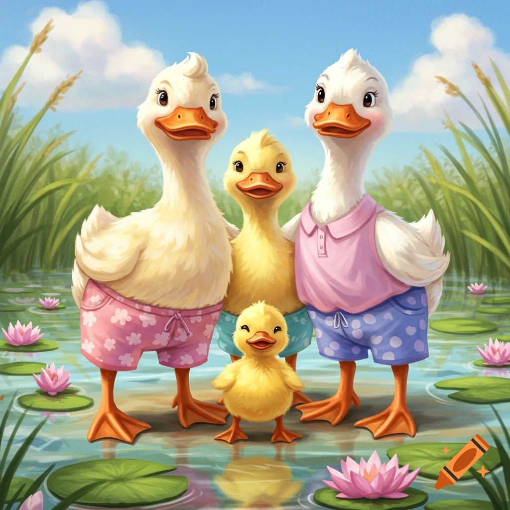 A cartoon duck family, including two adult ducks and two ducklings ...