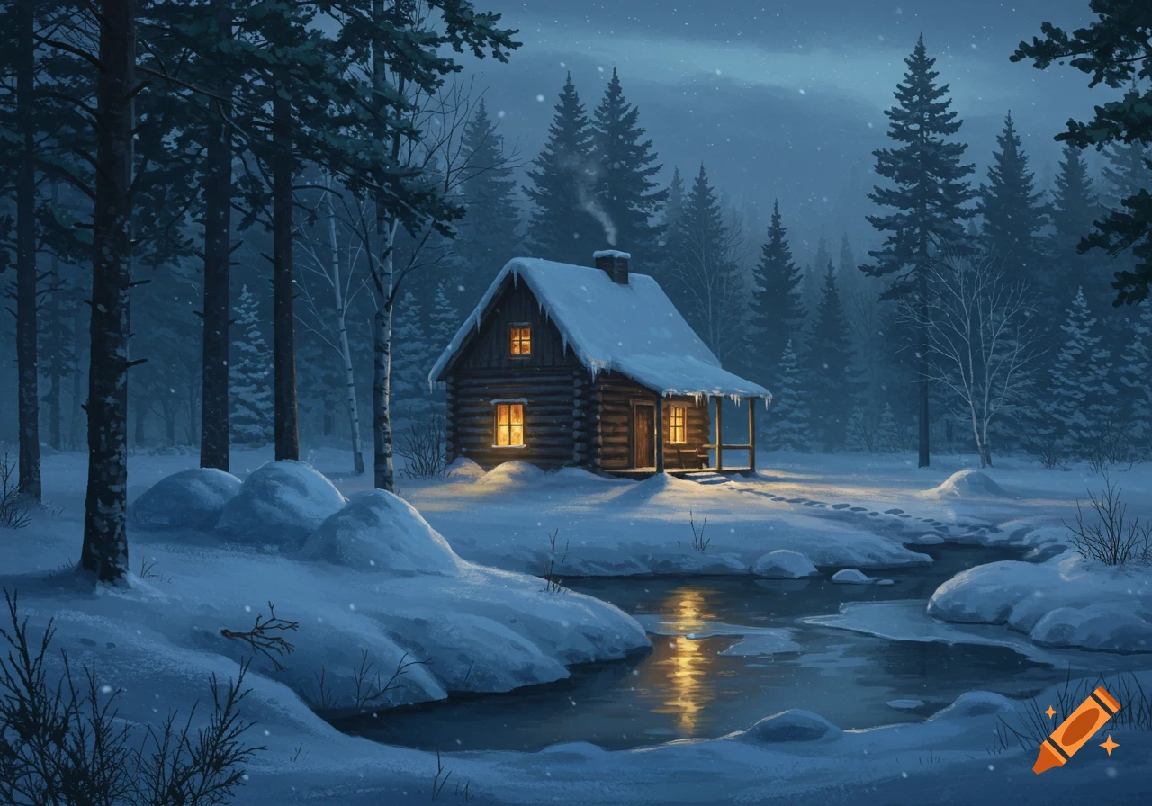 A snow-covered village at night with a large decorated Christmas tree ...