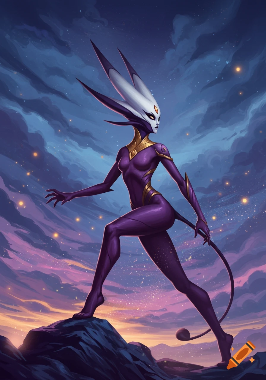 A pale alien creature with large dark eyes stands on a snowy planet ...