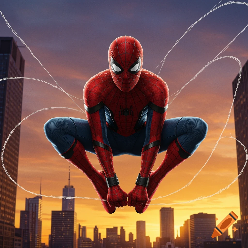 Spider-Man in a red, blue, and white suit with fur accents crouches on ...