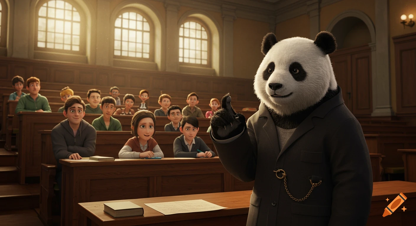 A photorealistic image shows an anthropomorphic panda in a suit ...