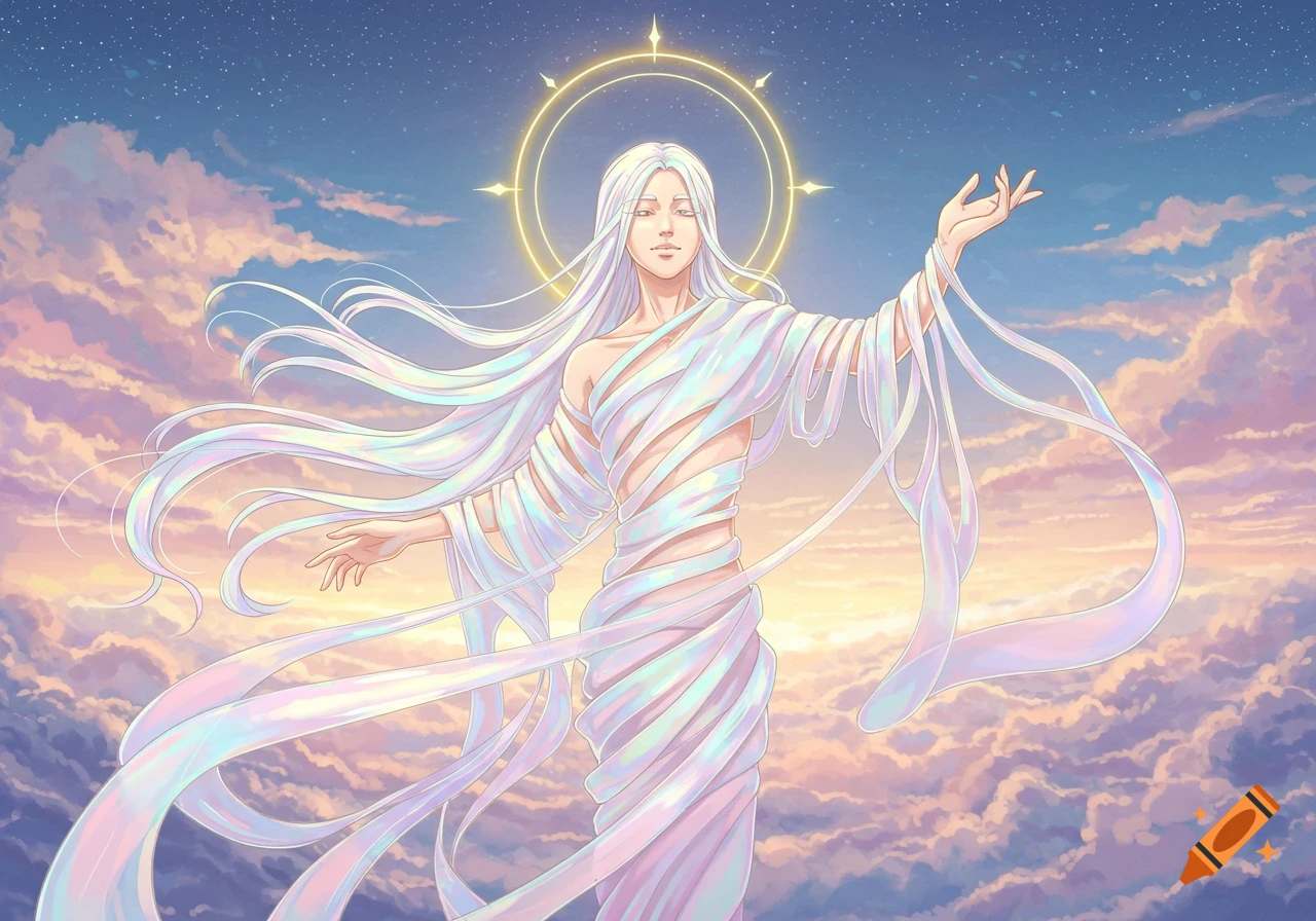 Anime-style white-haired male priest in a blue robe sits on a throne ...