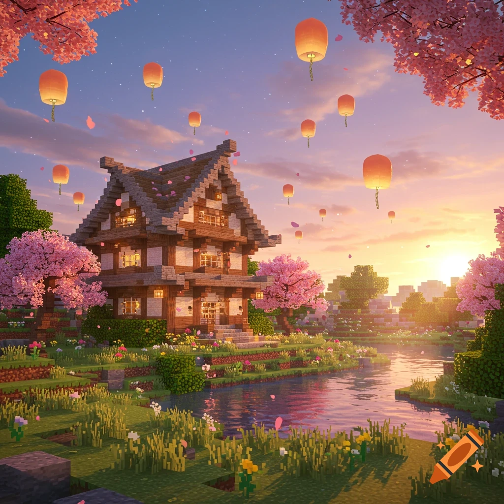 Minecraft-style Japanese garden with traditional pagodas, cherry ...