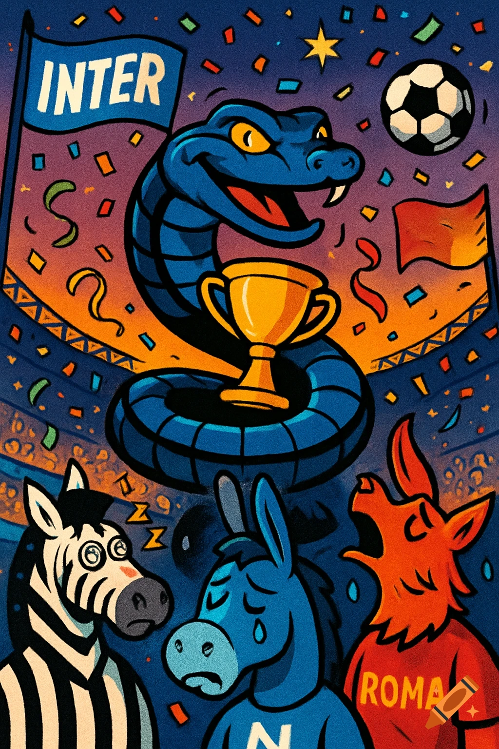 Vibrant cartoon poster showing a triumphant blue snake holding a trophy ...