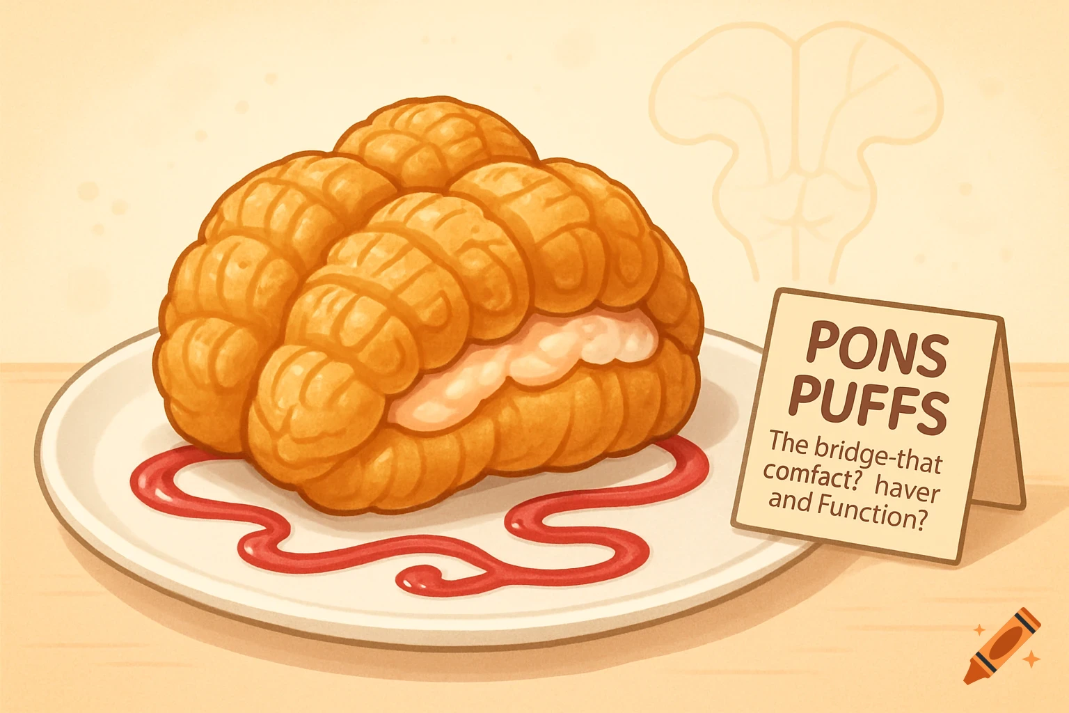 Cartoon brain-shaped cream puff with pink filling and red sauce on a ...