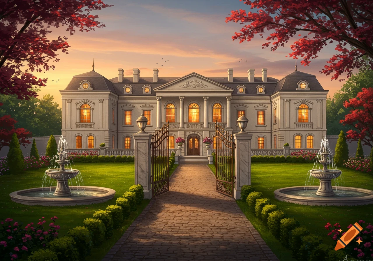 A grand, ornate mansion with glowing windows at twilight, seen through ...