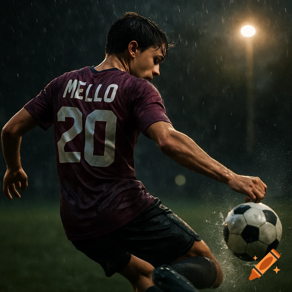A young boy in a blue and red uniform kicks a soccer ball on a grassy ...