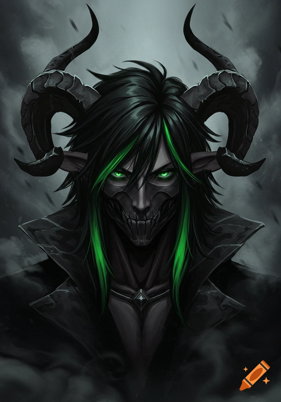 Anime portrait of a red-skinned demon girl with black and pink hair ...