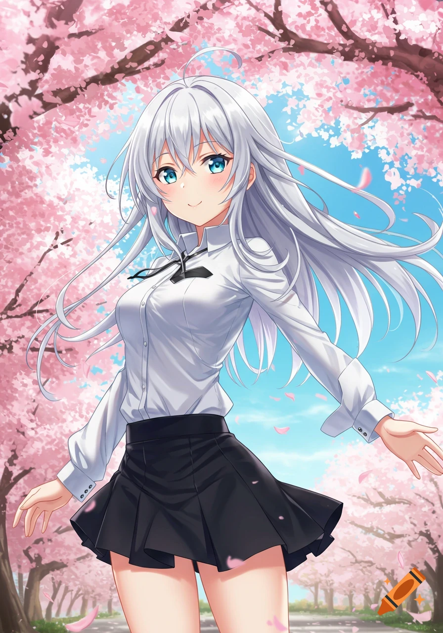 Anime young woman with long white hair, blue eyes, smiling and holding ...