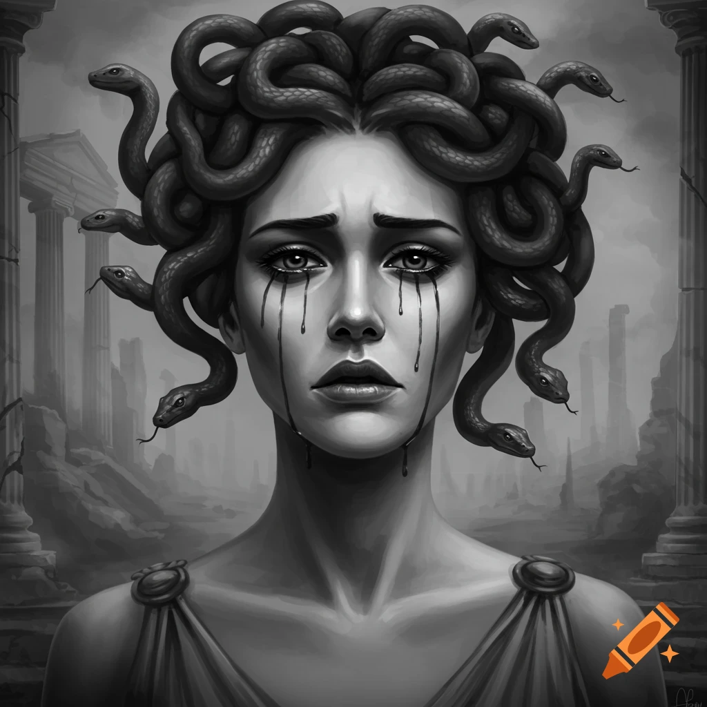 A black and white close-up portrait of a crying Medusa with snakes for ...