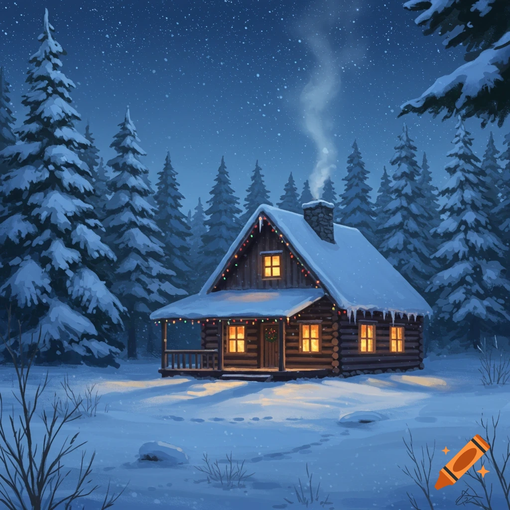 Illustrative view of a cozy wooden cabin in a snowy forest at night ...