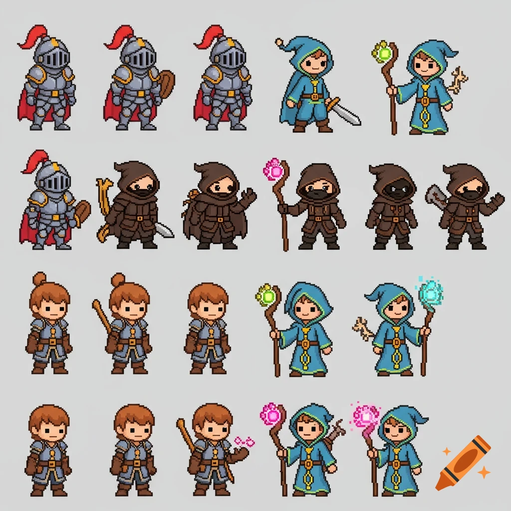 A pixel art sprite sheet displaying a variety of fantasy characters ...