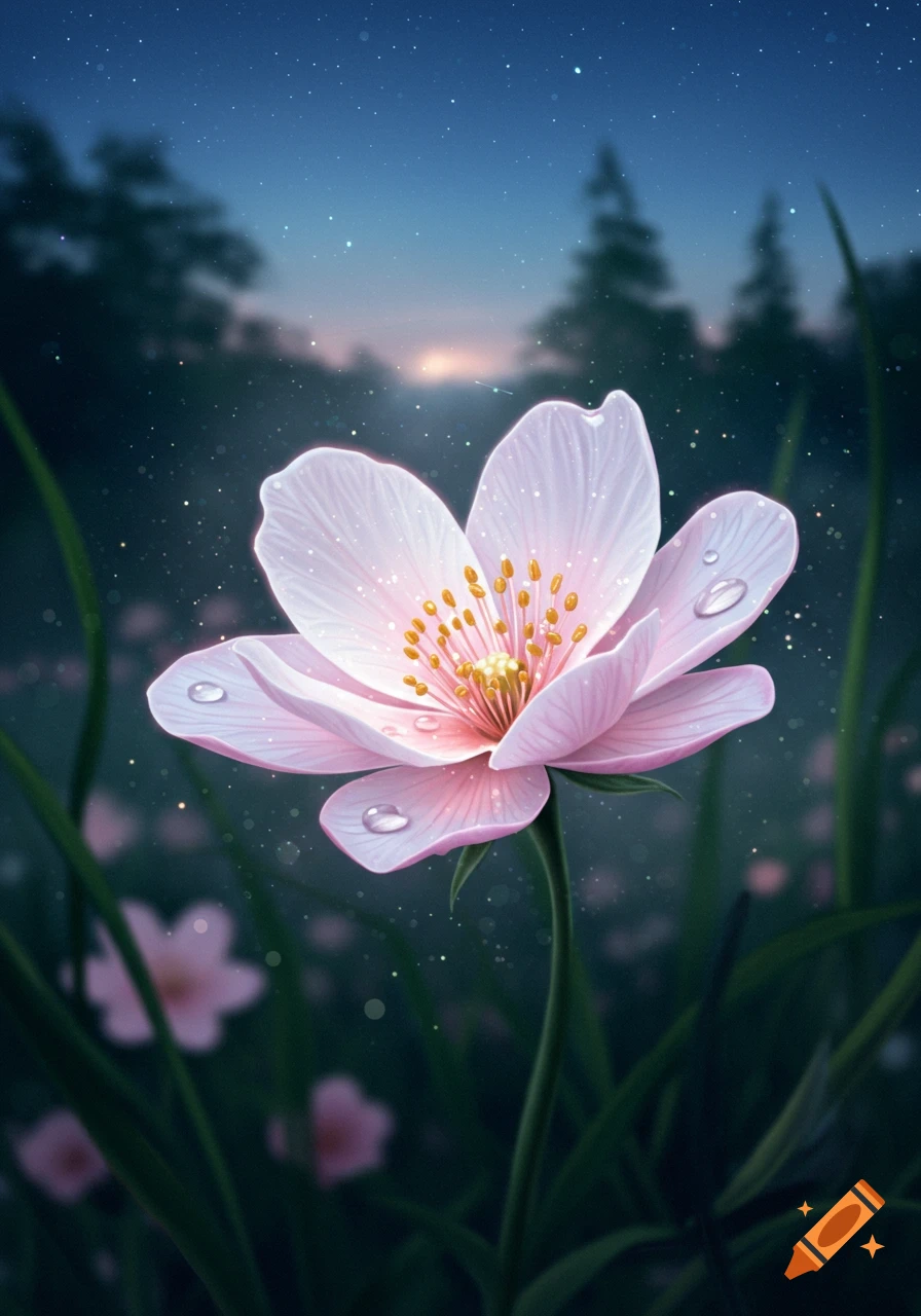 Close-up of a delicate pink flower with water droplets, against a dark ...