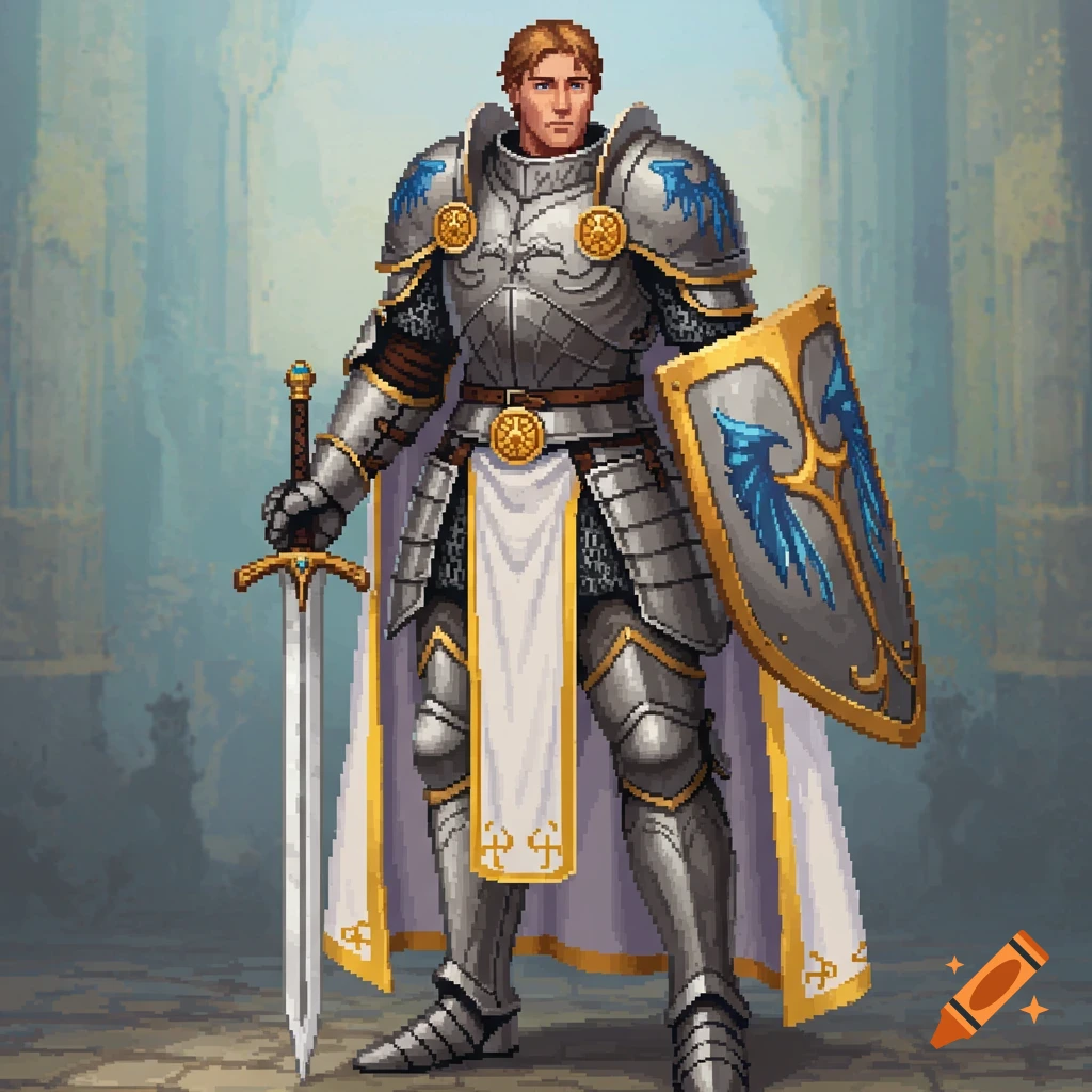 A pixel art genderless paladin in full silver armor, holding an ornate shield and a glowing ...