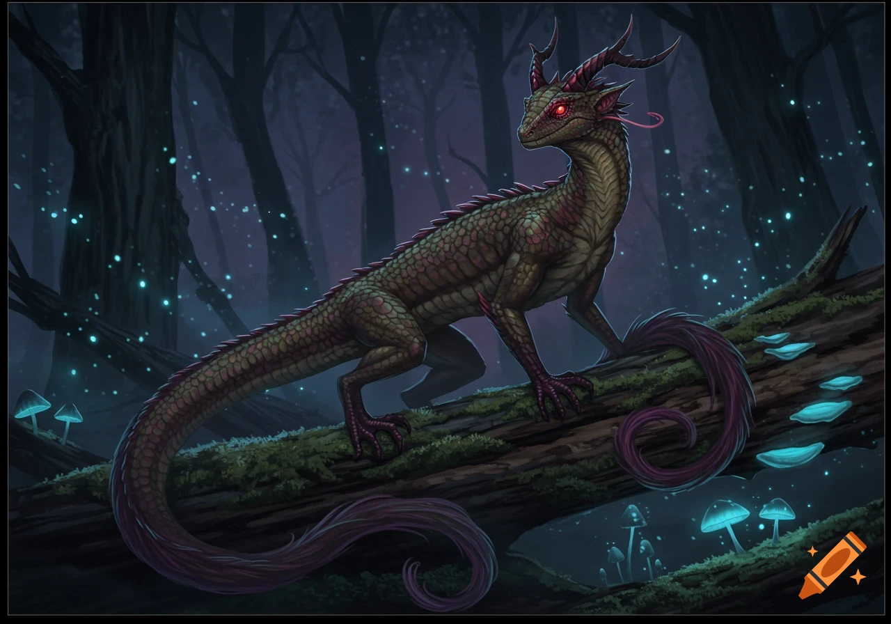 A fantasy creature, a horned lizard with red eyes and a long, curly ...