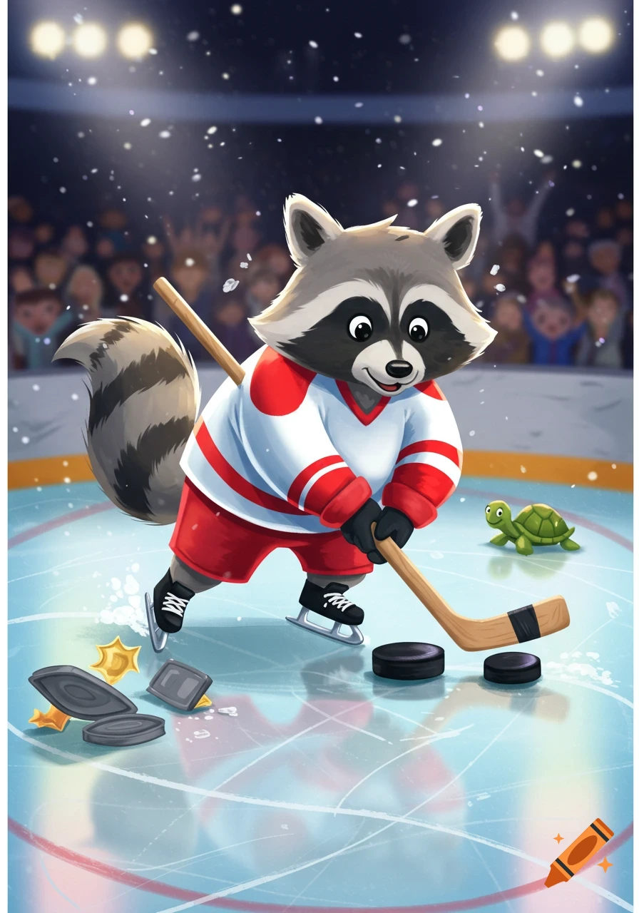 A cartoon raccoon in a red and white hockey jersey and skates plays ...
