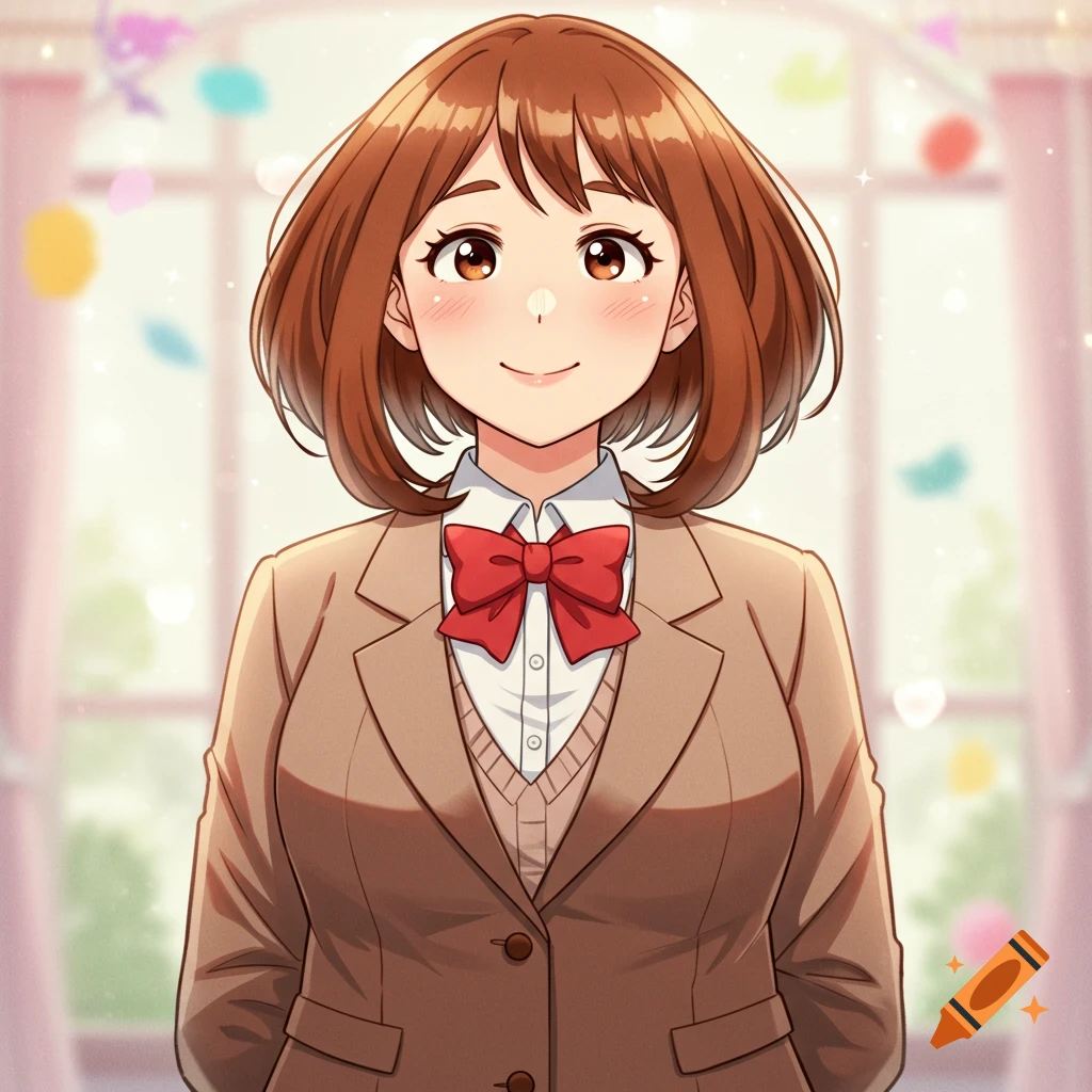 Anime girl with short brown hair smiling, writing on paper at a wooden ...