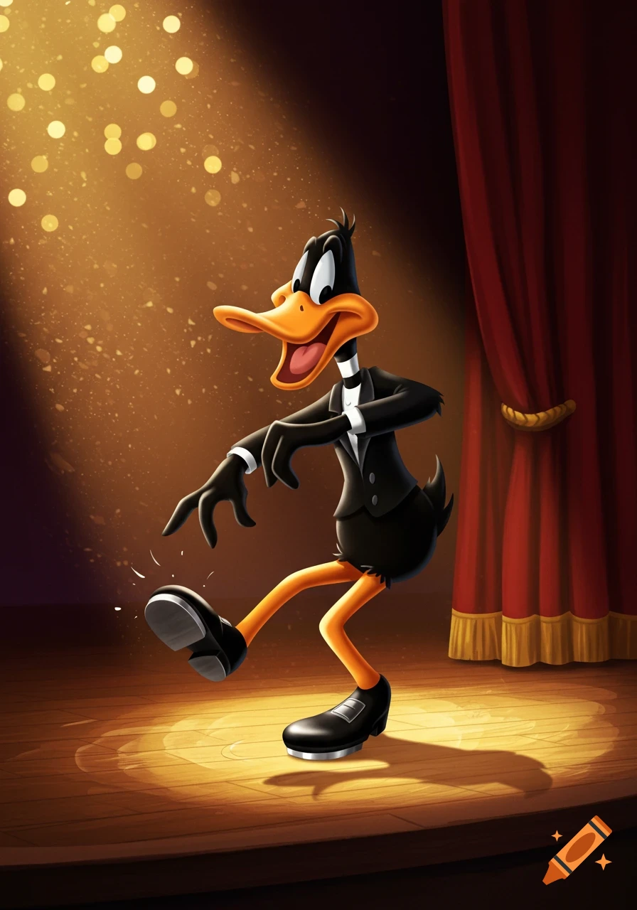 Daffy Duck in a top hat and tap shoes performs a tap dance on a ...