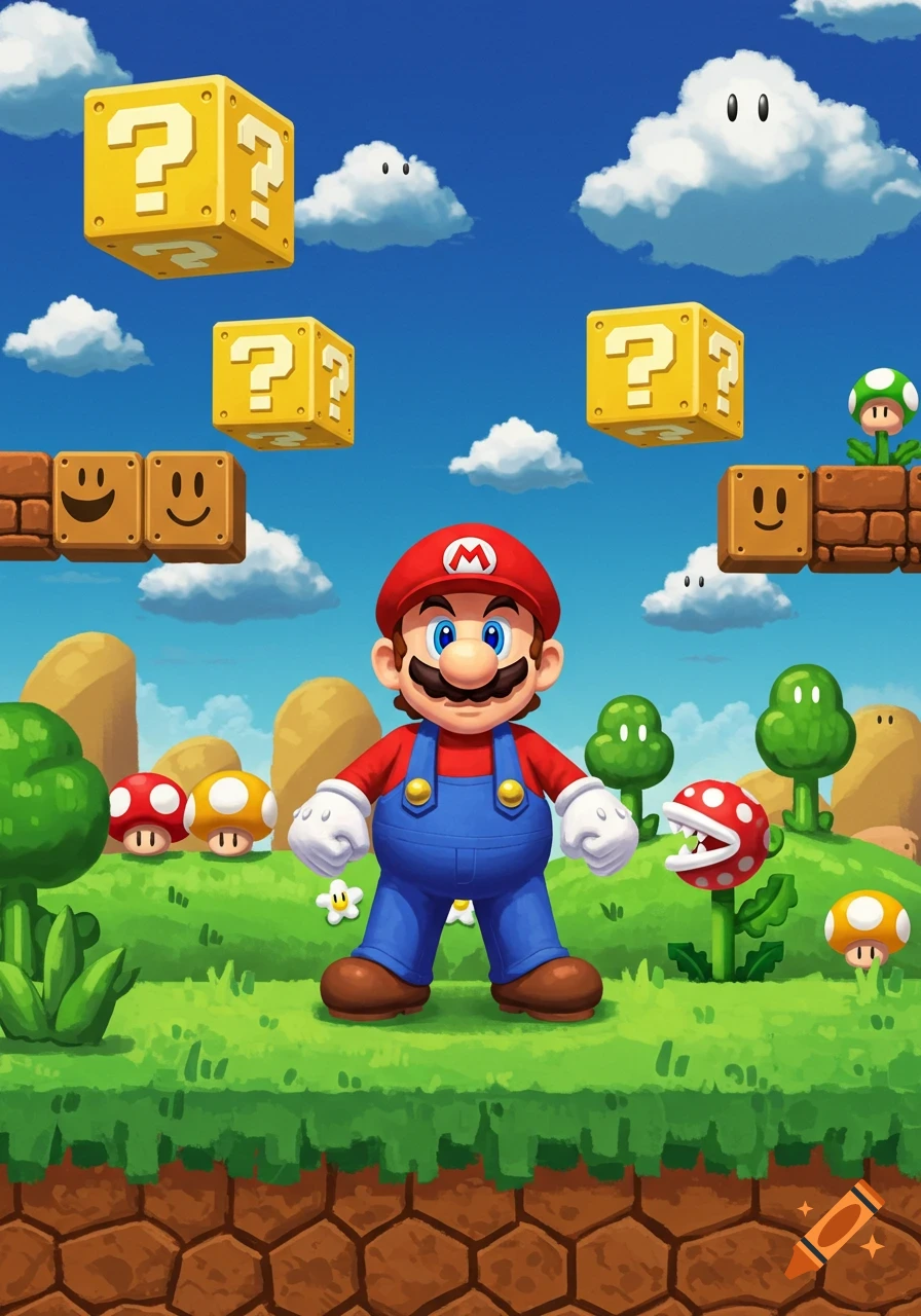 Blue-suited Mario with a large mustache and M-logo hat, stands in a ...