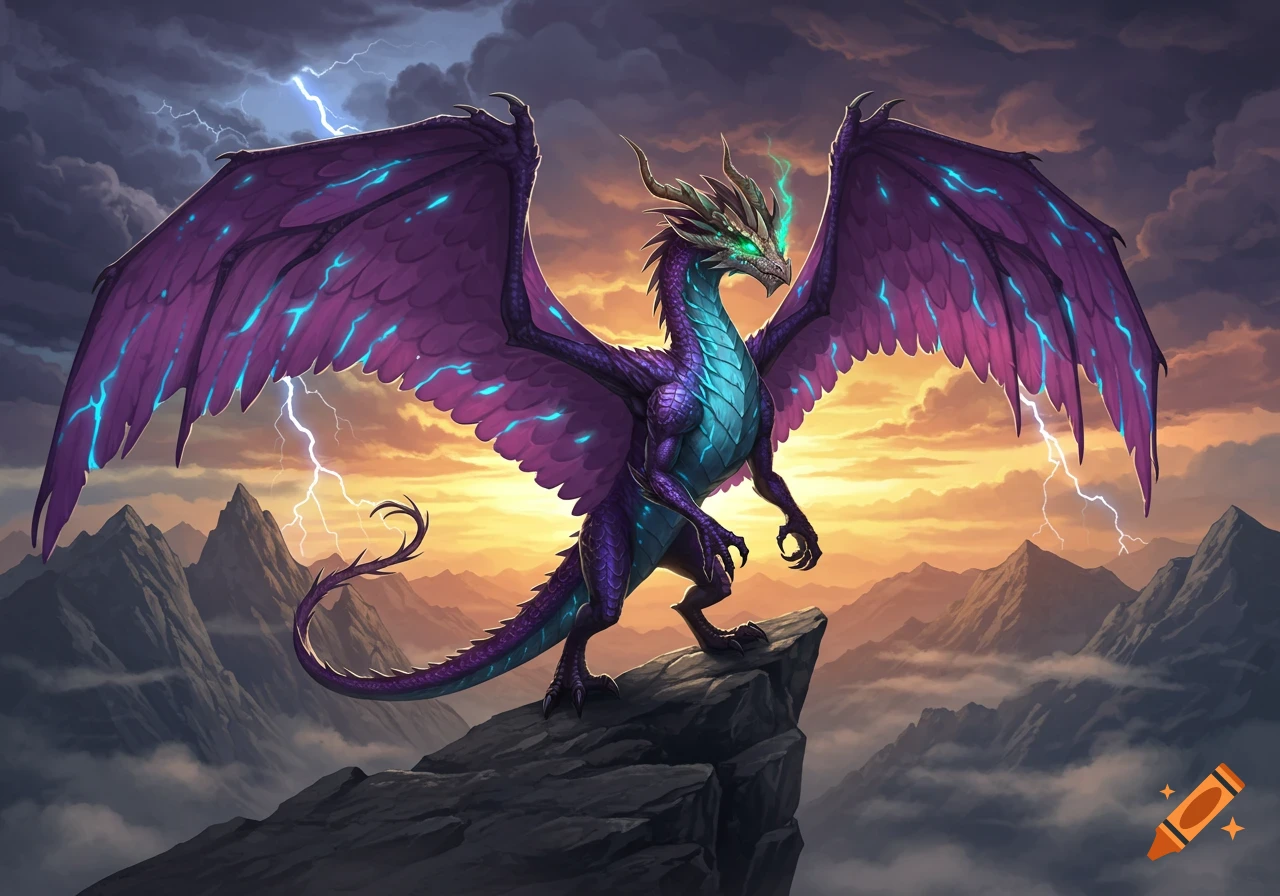 A majestic purple and blue dragon with glowing wings stands on a rocky ...