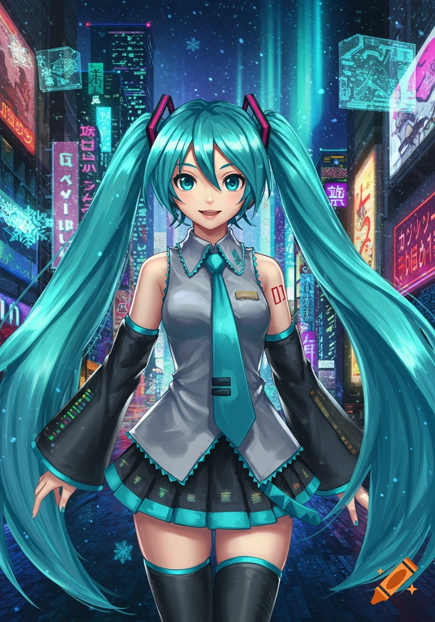 Hatsune Miku, with long blue pigtails, sits on a chair in an art ...