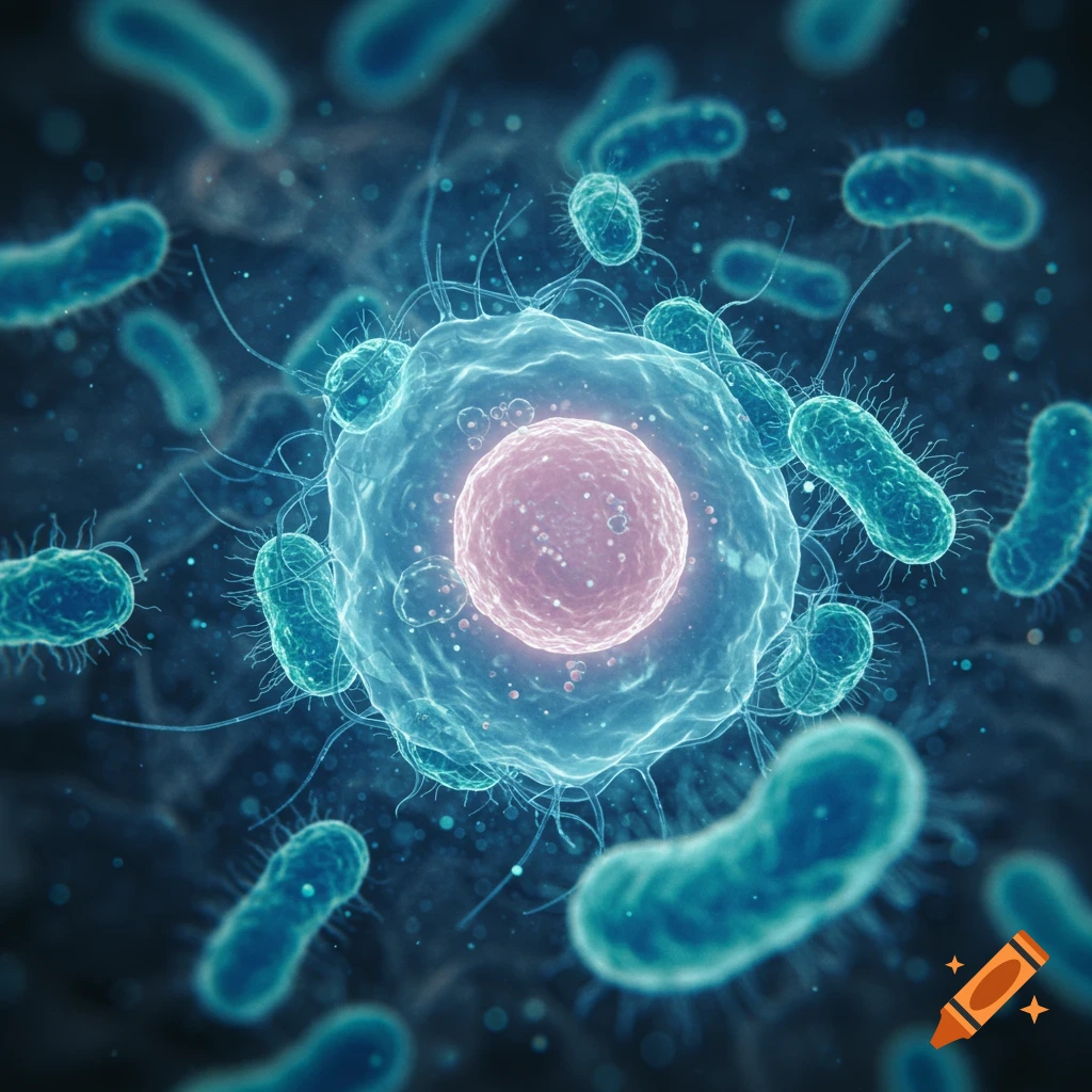 A glowing blue cell with a pink nucleus is surrounded by numerous rod ...