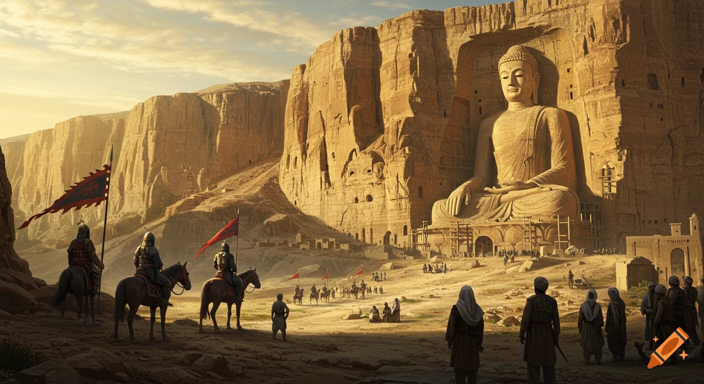 Massive Buddha statue carved into desert cliffs with Mongol horsemen ...