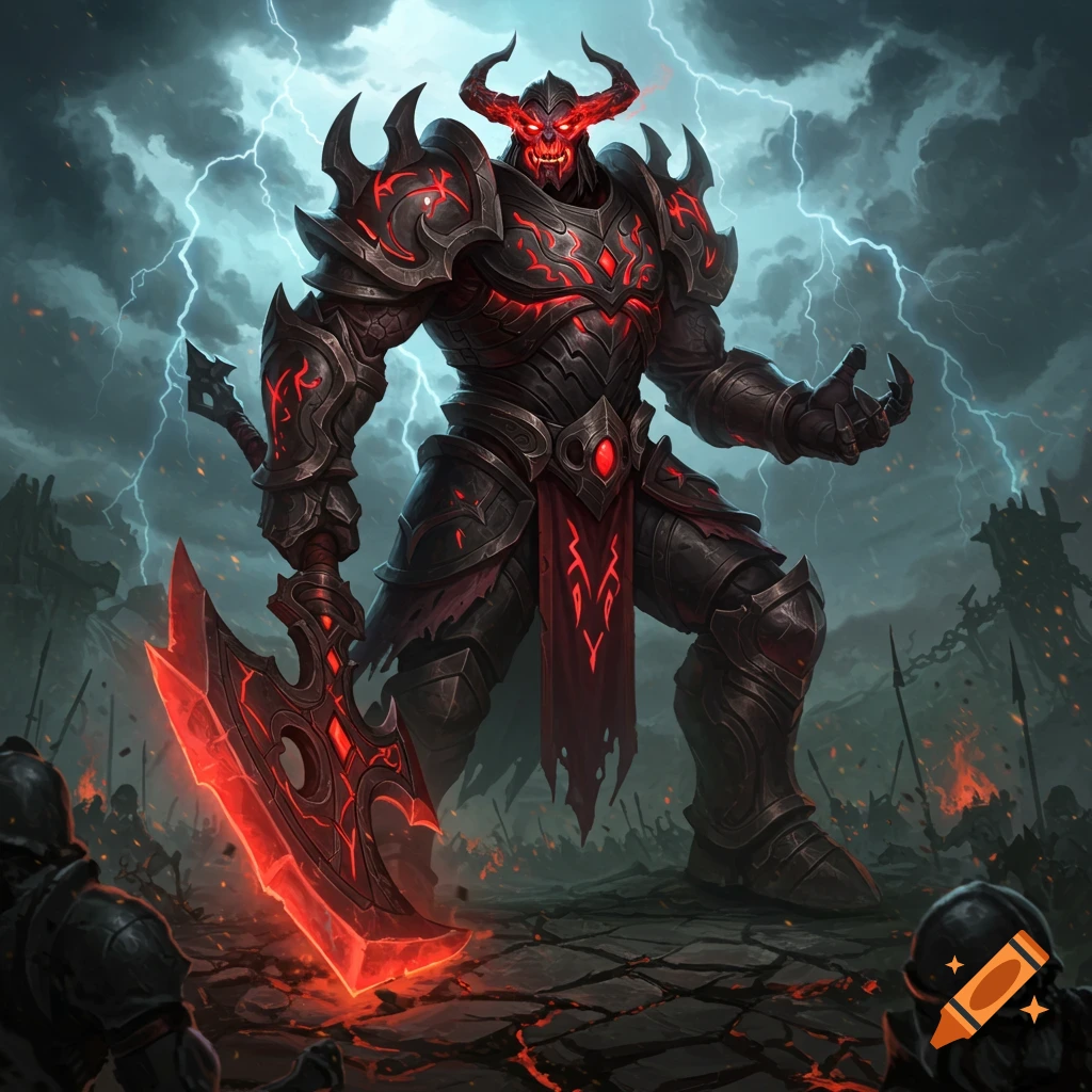 A horned demonic warrior in black and red glowing armor stands on a ...
