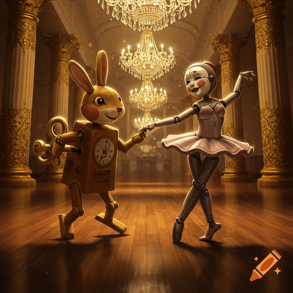 A wind-up rabbit toy with a clock face and a ballerina robot dance in a ...