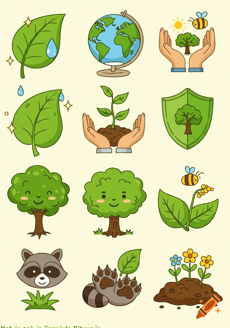 A grid of colorful cartoon nature icons, including leaves, a globe ...