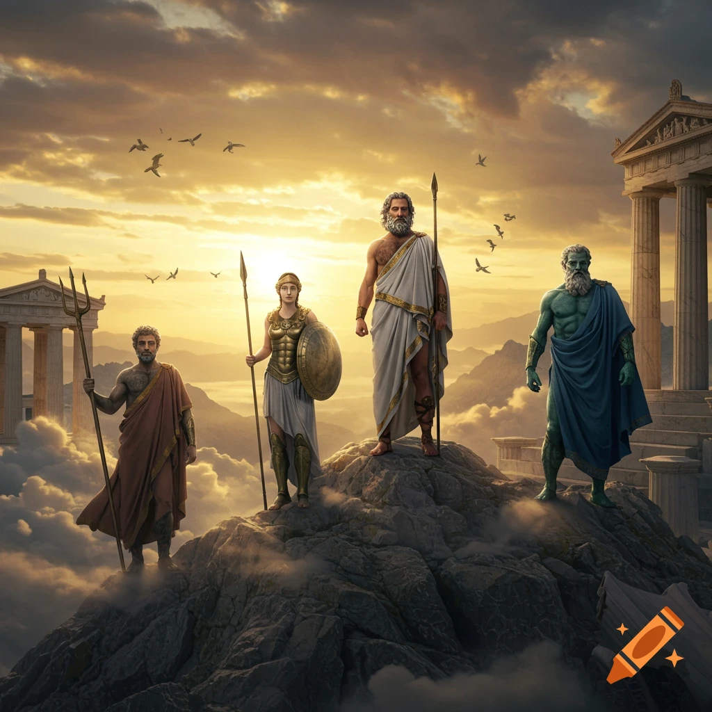 Four Greek gods on a rocky mountain overlooking clouds and ancient ...