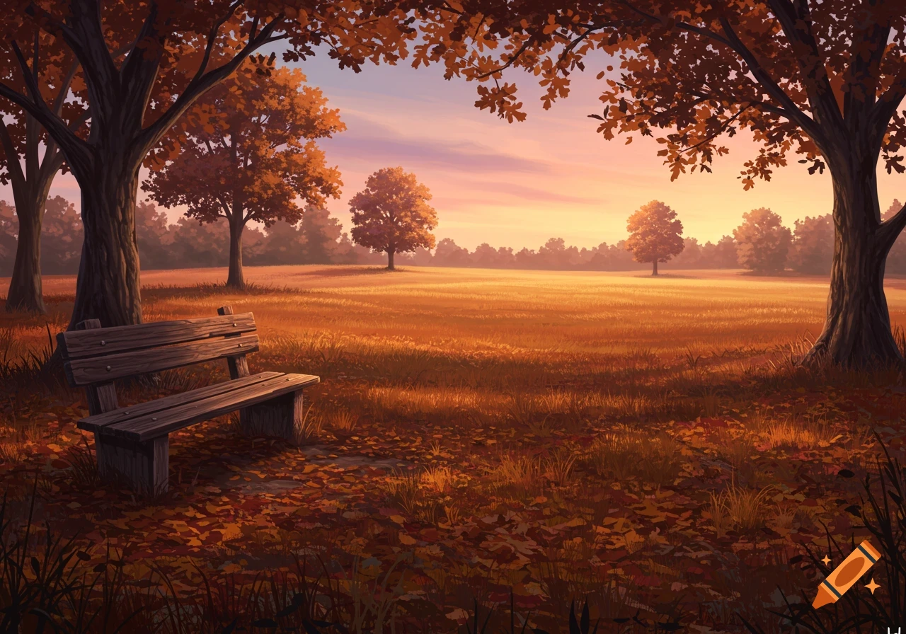 An idyllic autumn landscape at sunset, featuring a wooden park bench ...