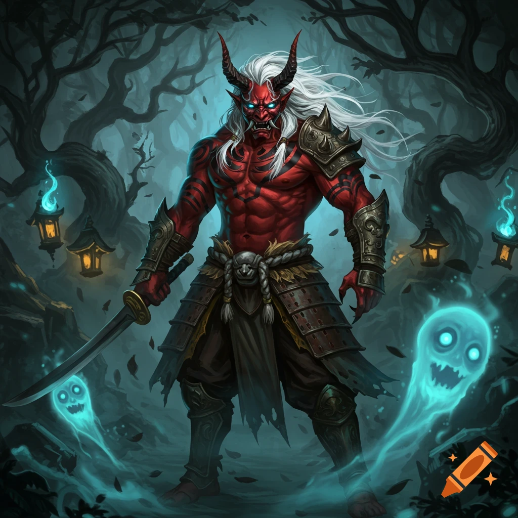 Akaza, a muscular demon with blue skin, red stripes, white hair, and ...