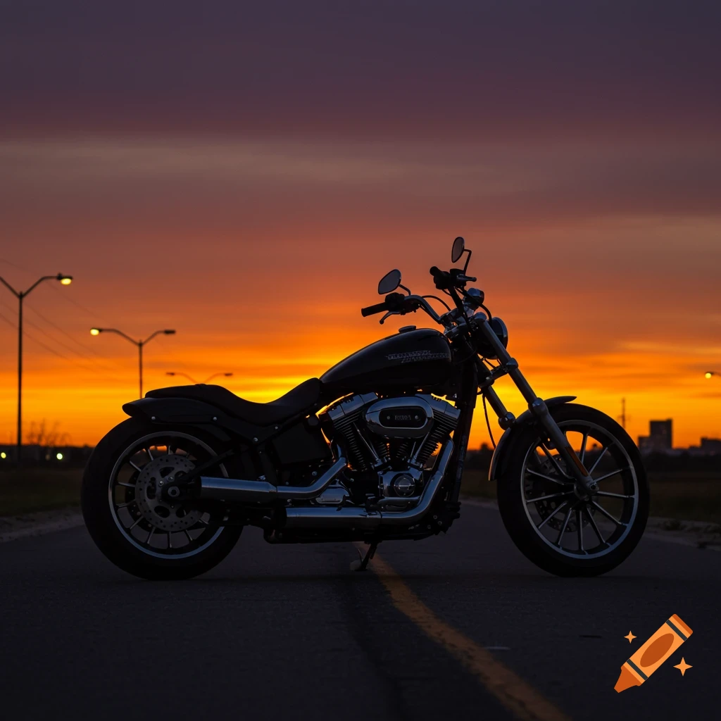A Harley-Davidson motorcycle is silhouetted against a vibrant orange ...
