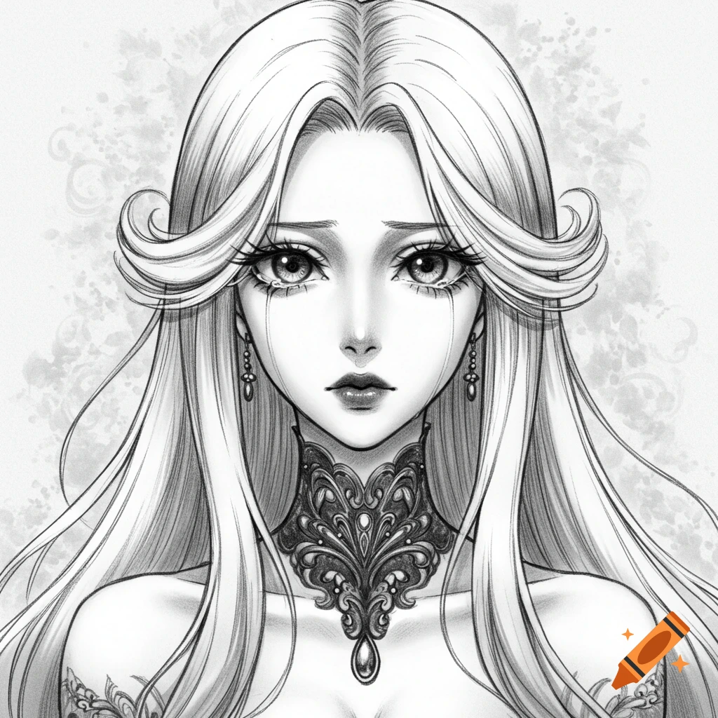 Black and white anime-style pencil drawing of a sad gothic woman with ...