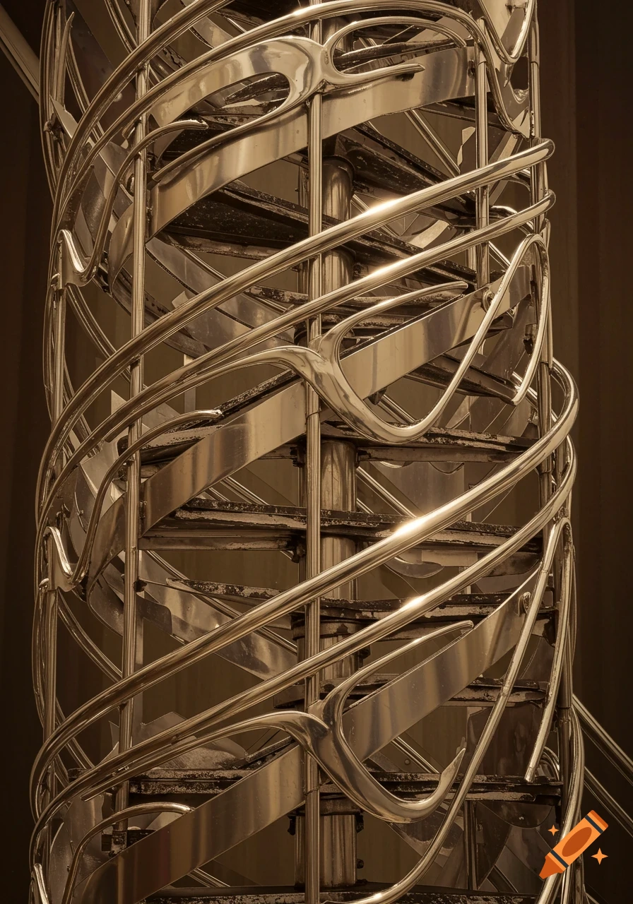 A shiny, intricate Art Deco spiral staircase railing with a metallic ...