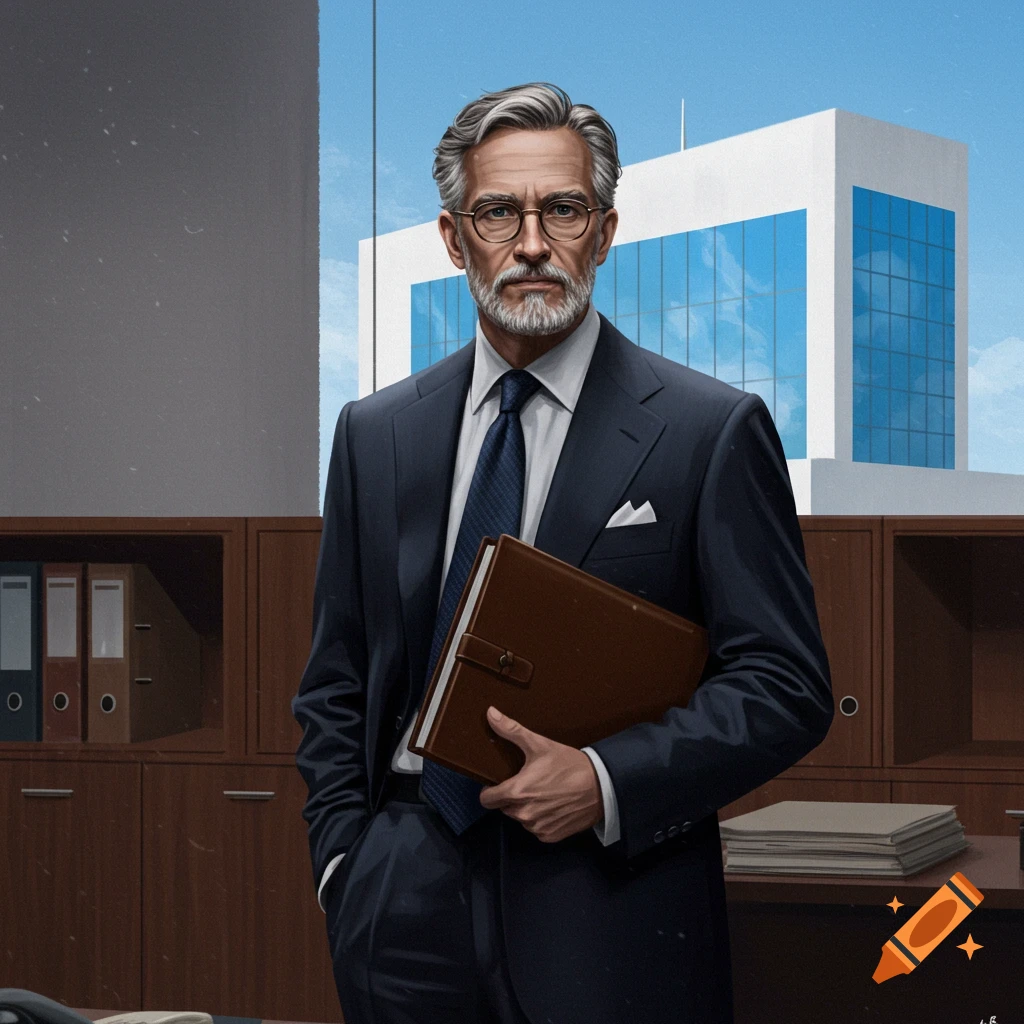 A bearded man in a suit with a serious expression raises his left hand ...