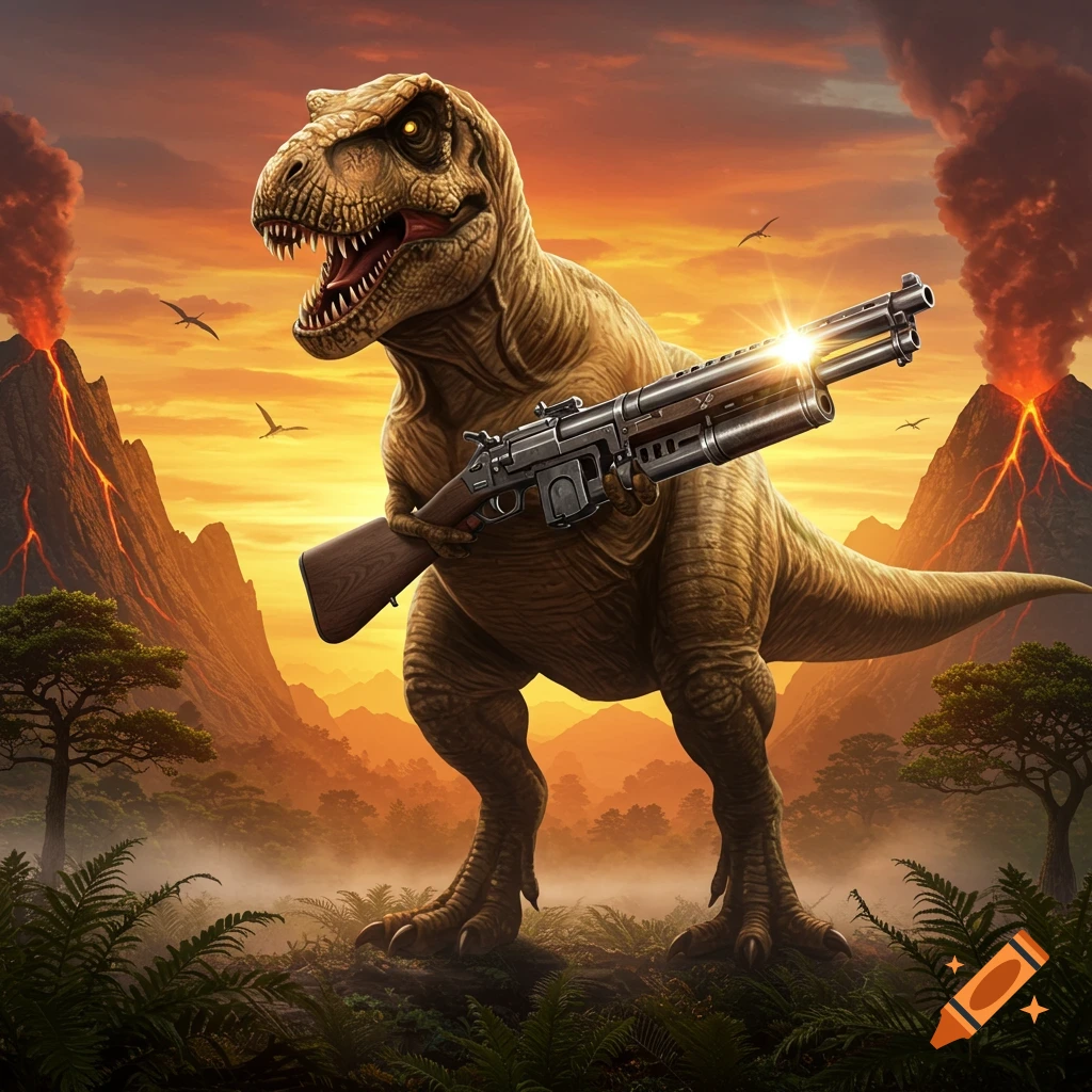 A realistic T-Rex holding a large shotgun, standing in a prehistoric ...