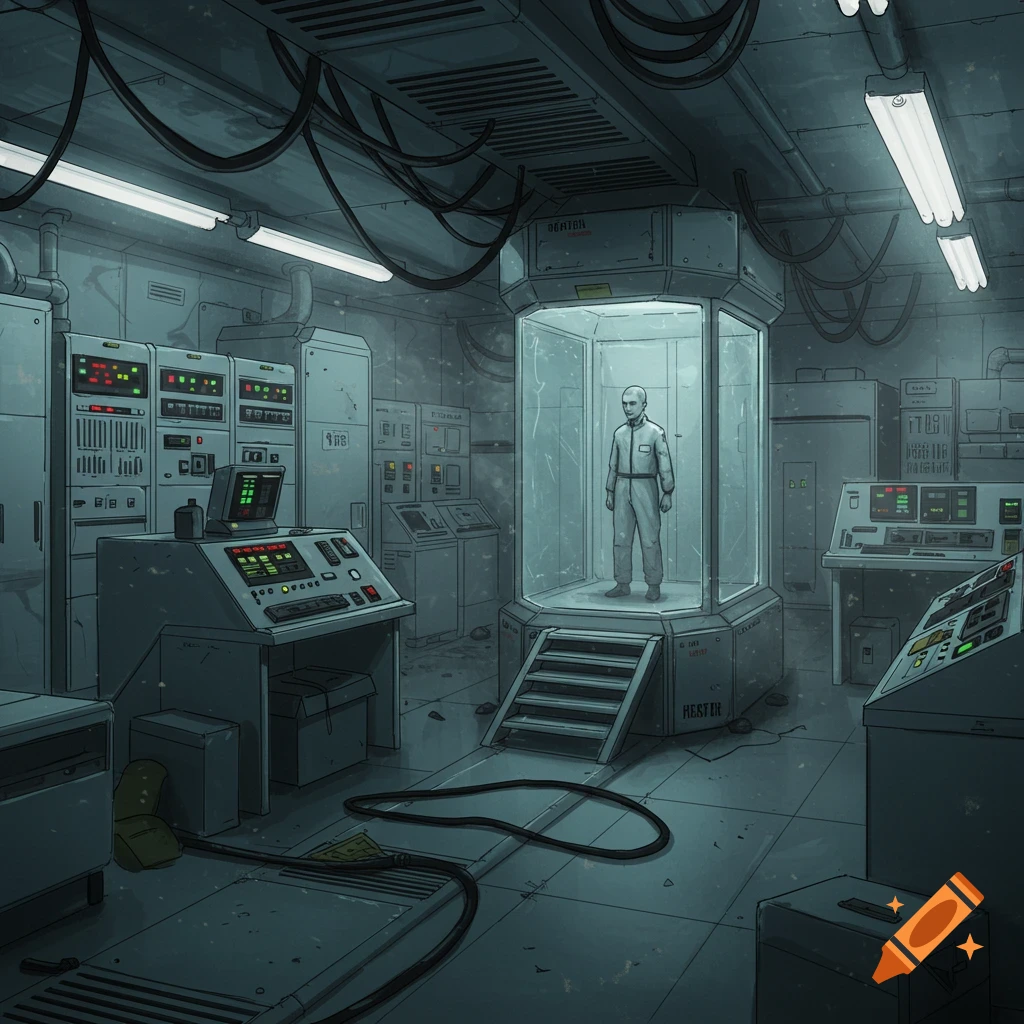 A man in a white suit stands in a glass containment unit in a grungy ...