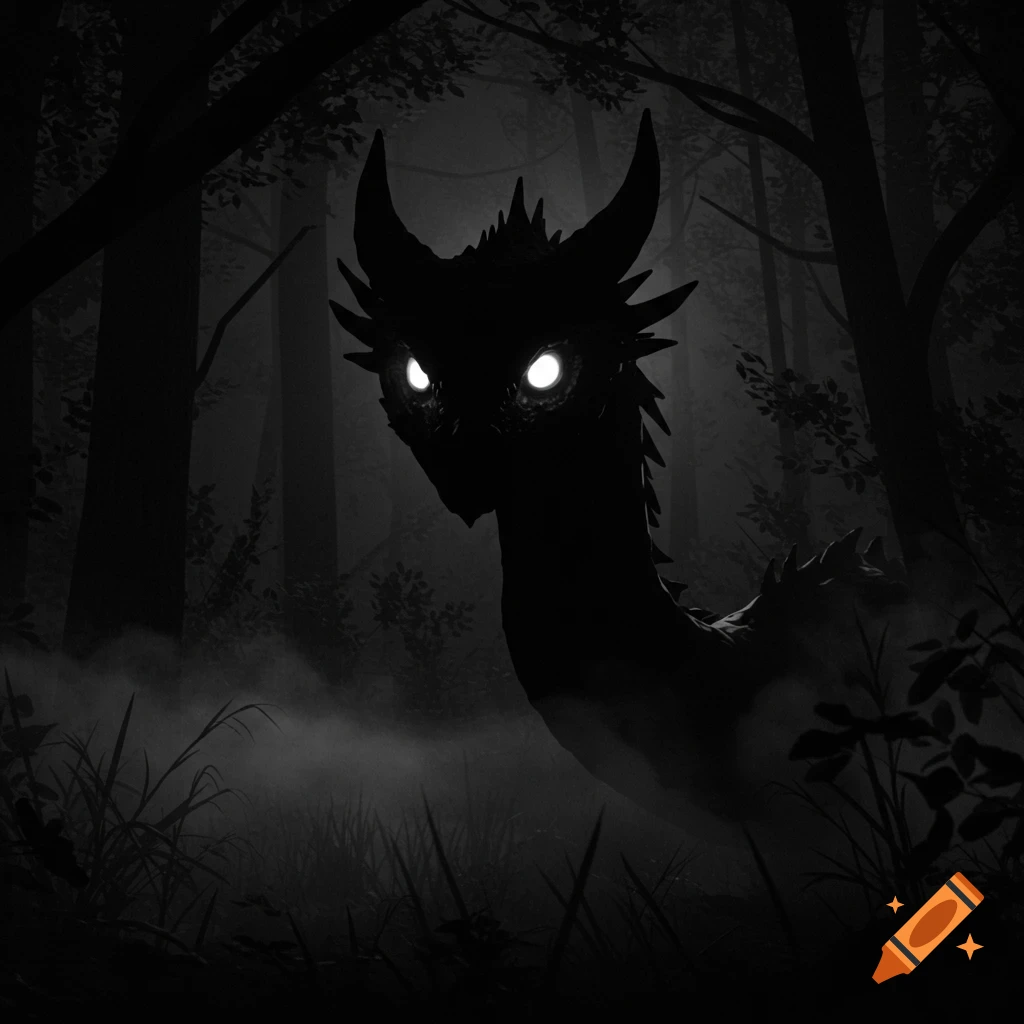 A dark, horned dragon with glowing eyes stares out from a misty ...