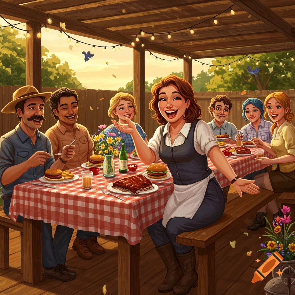 Happy people at a vibrant birthday lunch, eating hamburgers and ribs ...