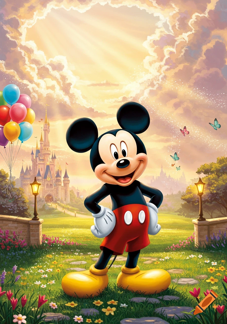 Mickey Mouse waves in a whimsical, colorful candy land with a fairytale ...