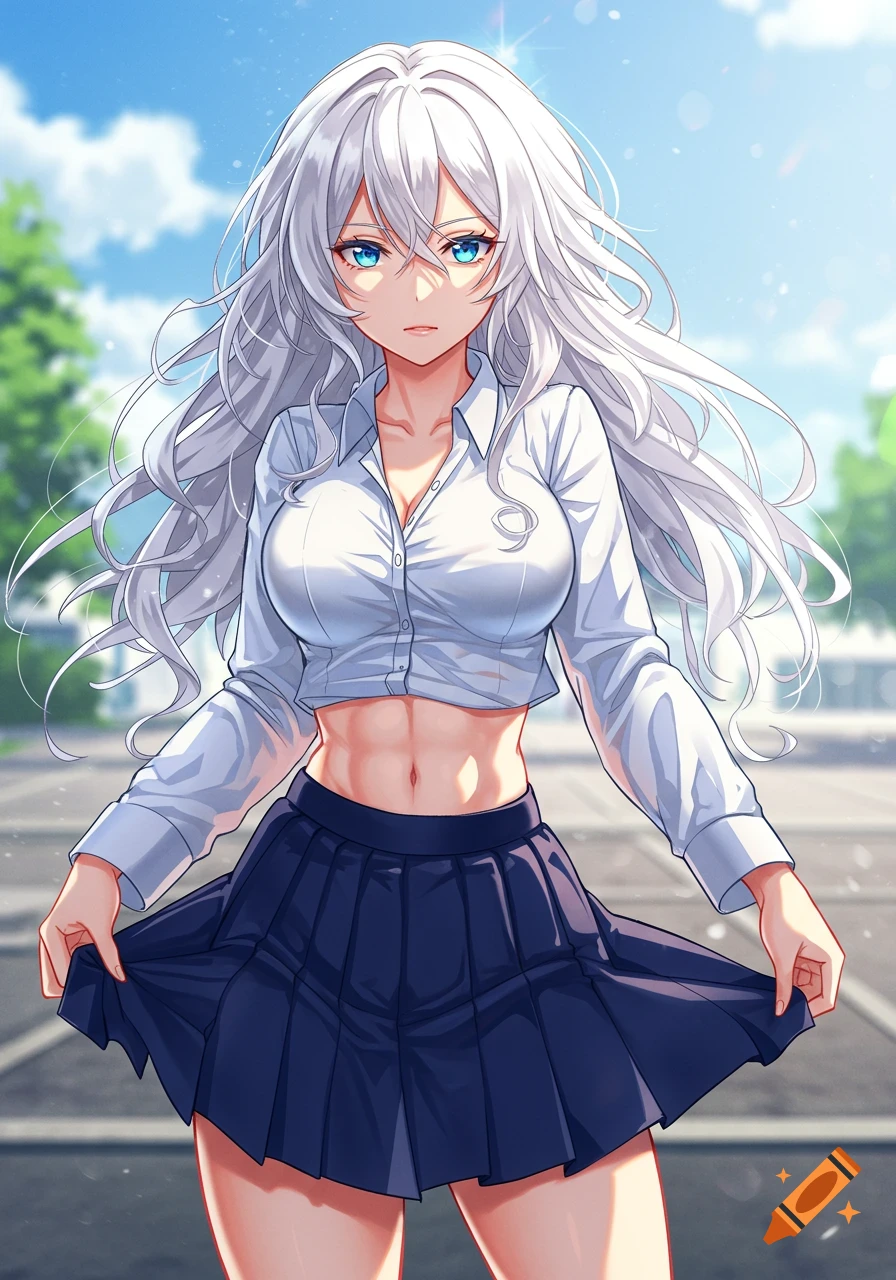 Anime young woman with long white hair, blue eyes, smiling and holding ...