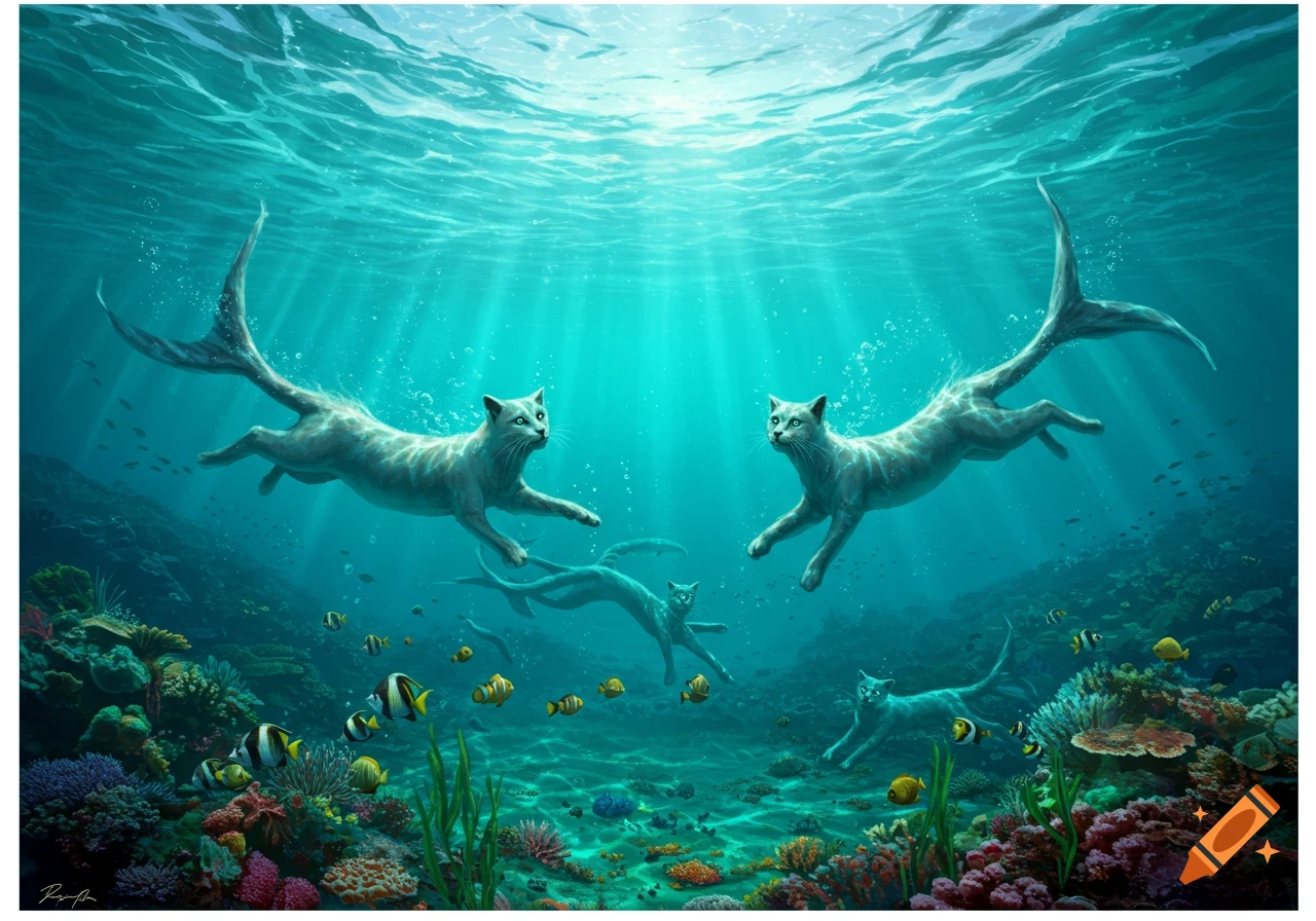 Mermaid cats swim gracefully through a vibrant, sunlit underwater coral ...