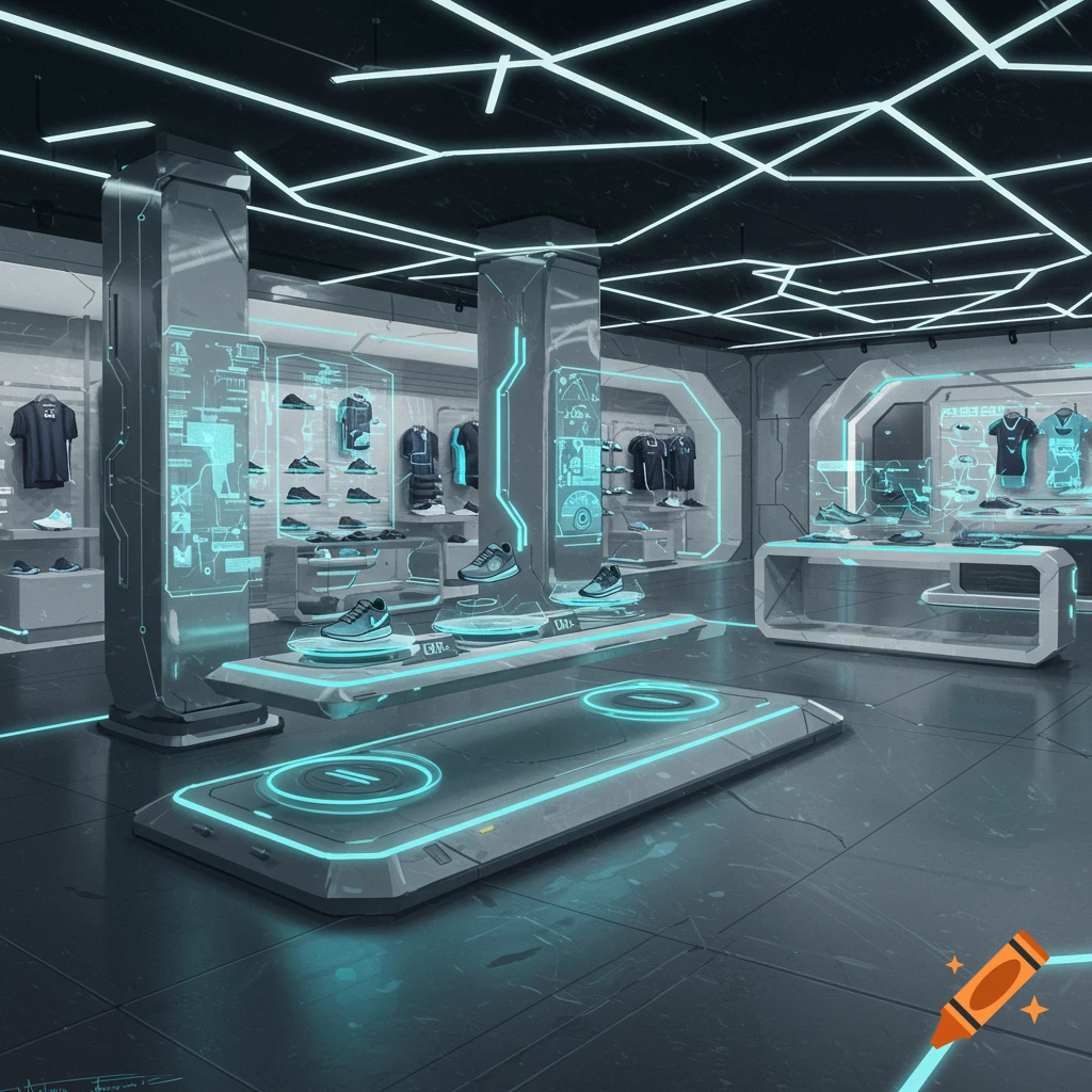A futuristic sports store with blue neon lighting, displaying sneakers ...